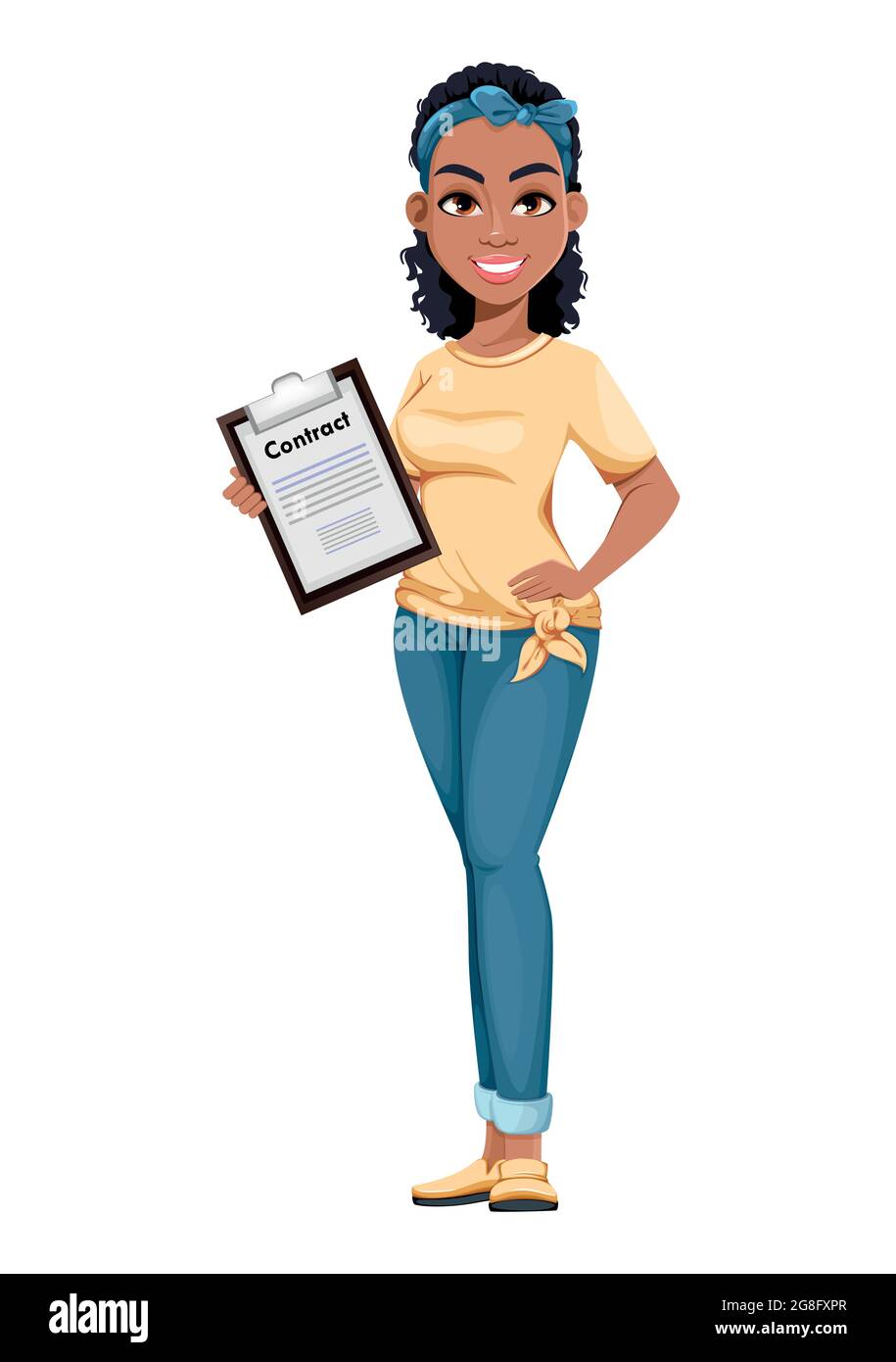 Happy young African American business woman holding clipboard. Cute ...