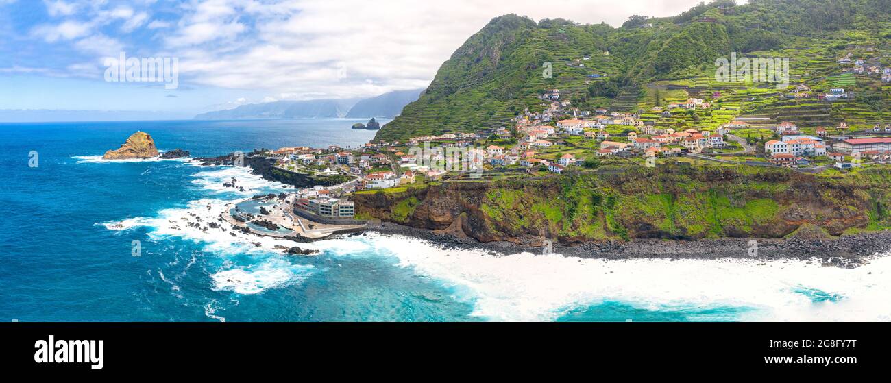 Aerial panoramic view of the seaside town and natural pools of Porto ...