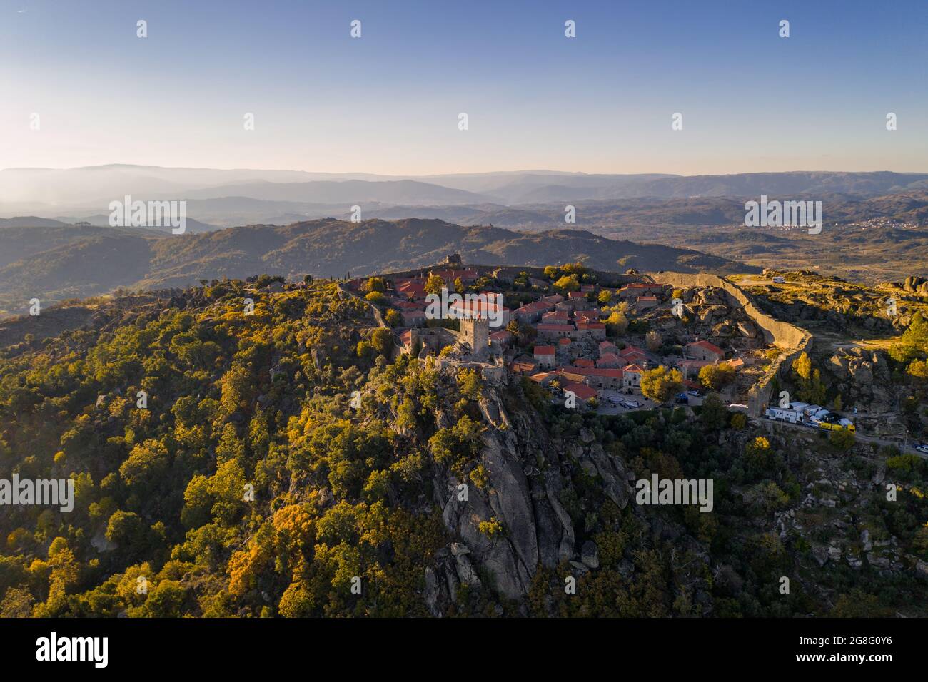 Drone aerial panorama of historic village of Sortelha with castle and ...