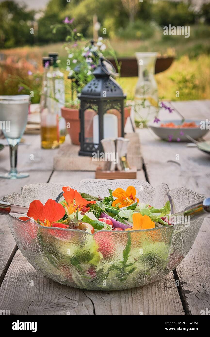 Outdoor dining with colourful salad bowl on a rustic wooden table in ...
