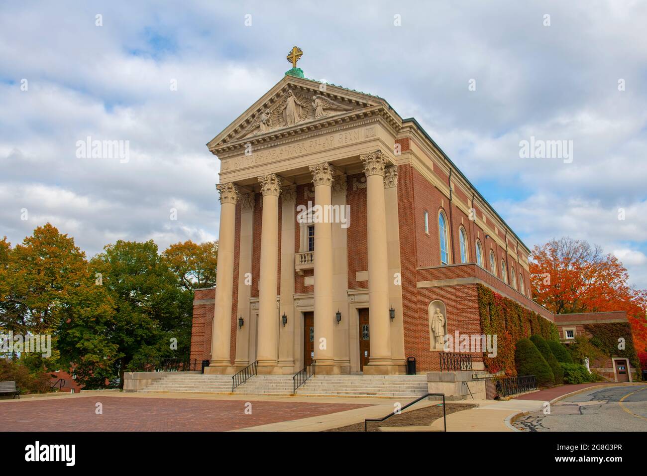St. Joseph's Chapel in College of the Holy Cross with fall foliage in ...
