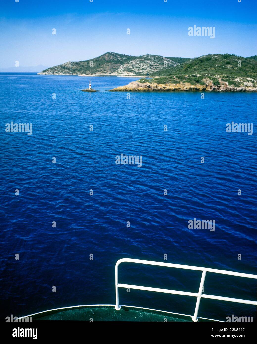 Cruise ship's rail, Greek mainland's shoreline, Saronic gulf, Aegean ...