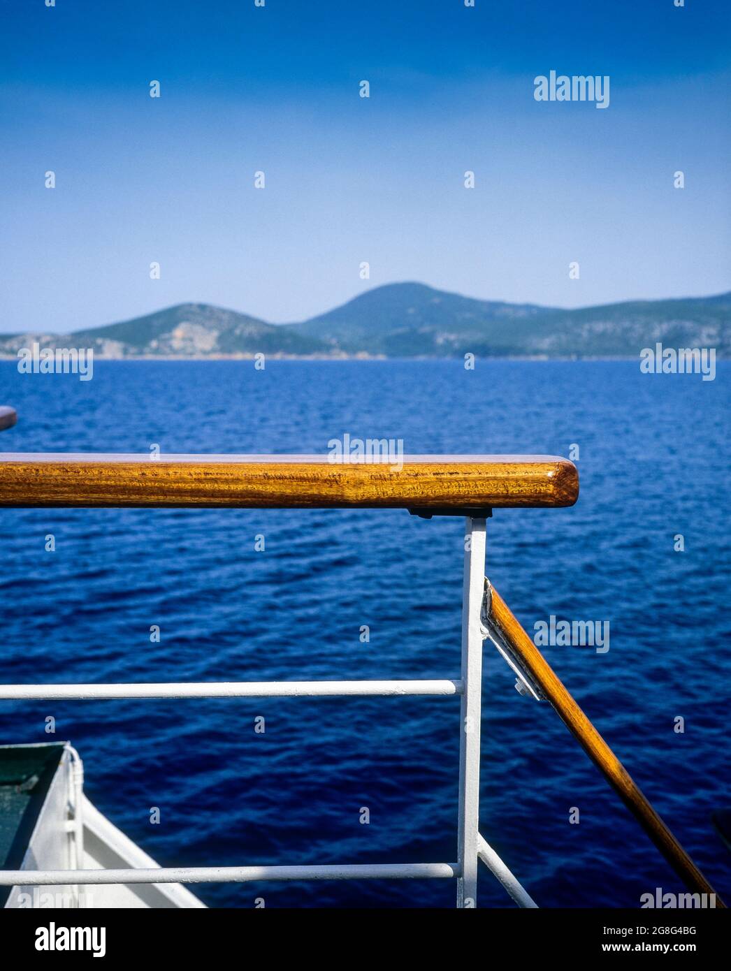 Cruise ship's rail, Greek mainland's shoreline, Saronic gulf, Aegean ...