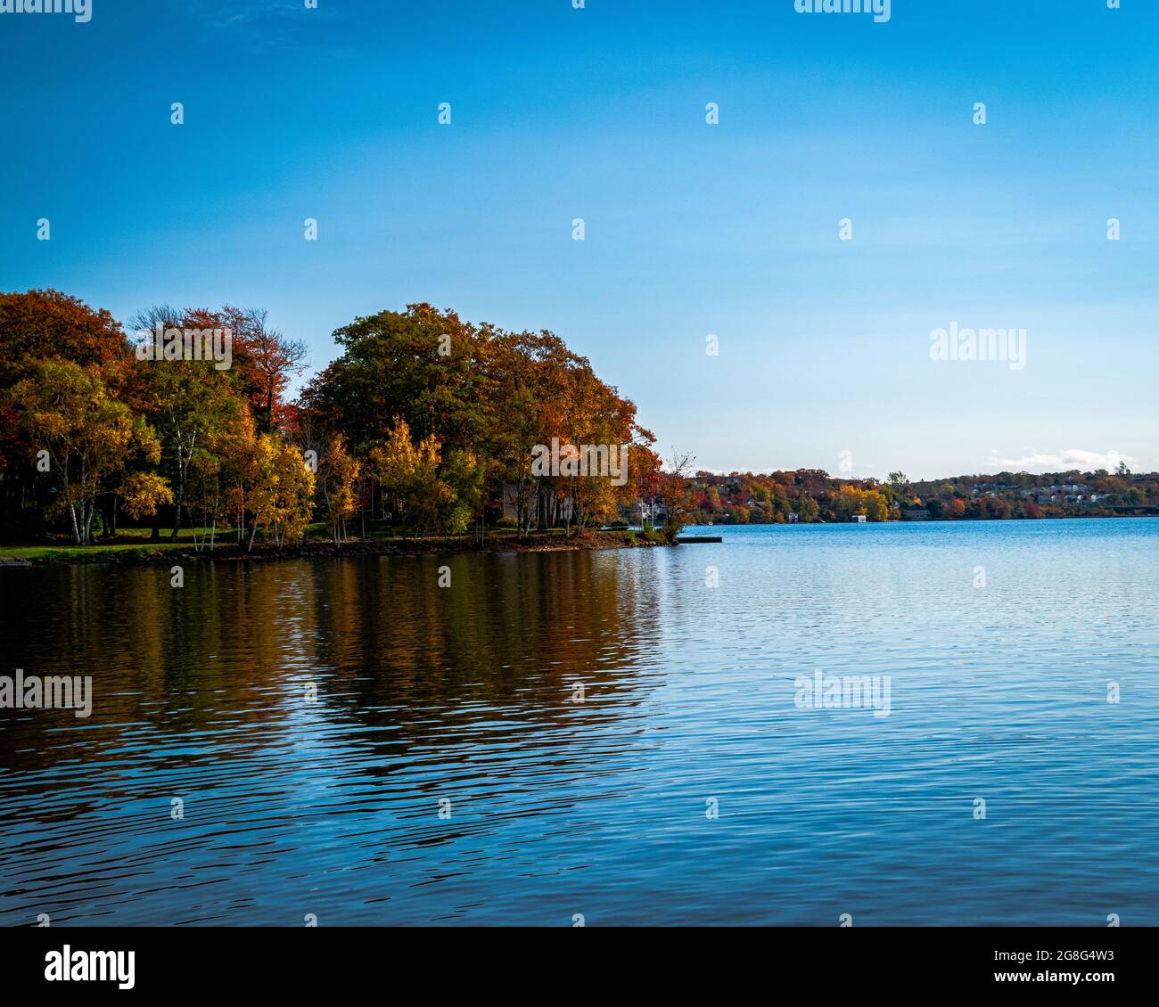 calm waters on the lack during a bight day in the fall Stock Photo - Alamy