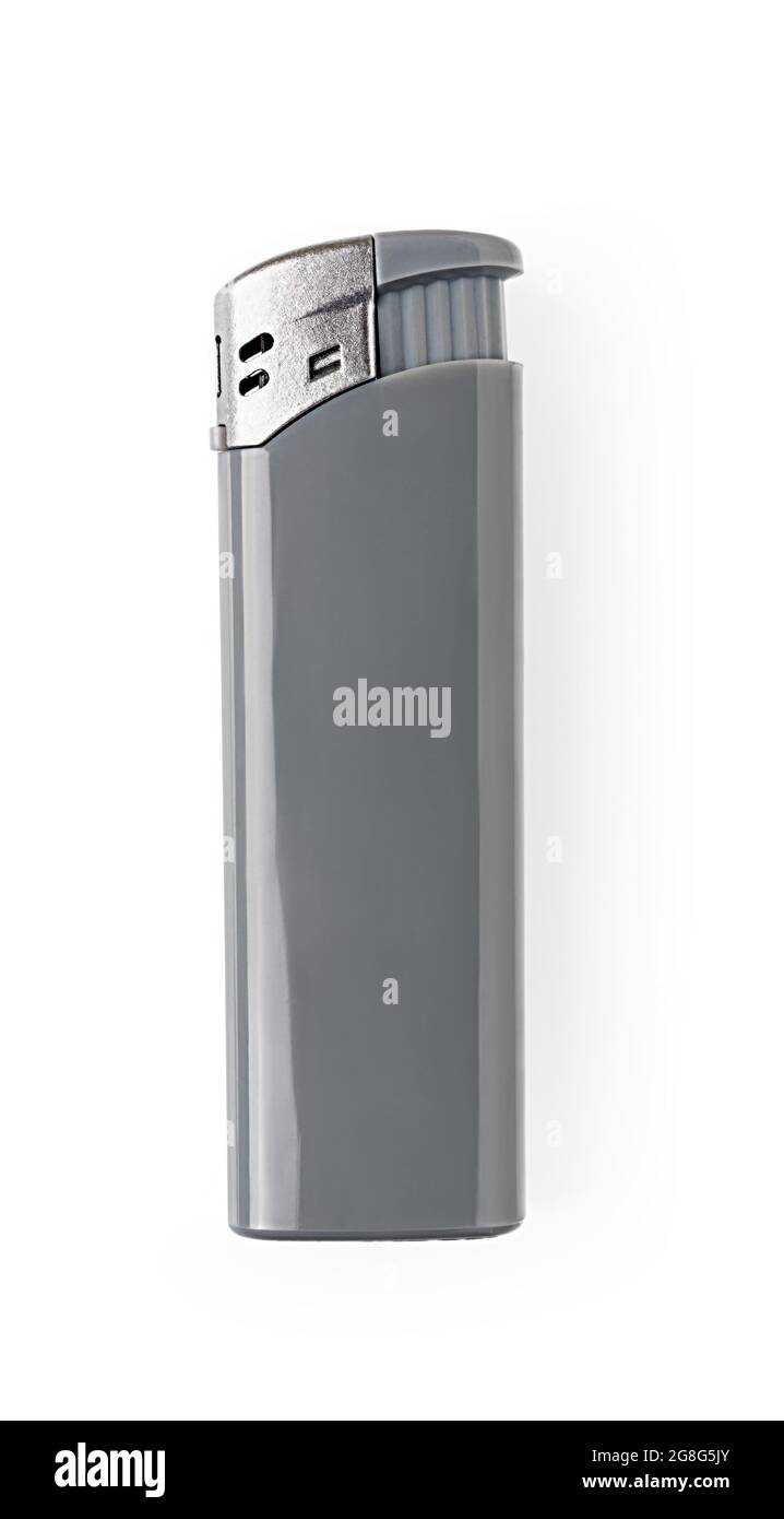 Disposable plastic gas lighter isolated on white background. Gray ...