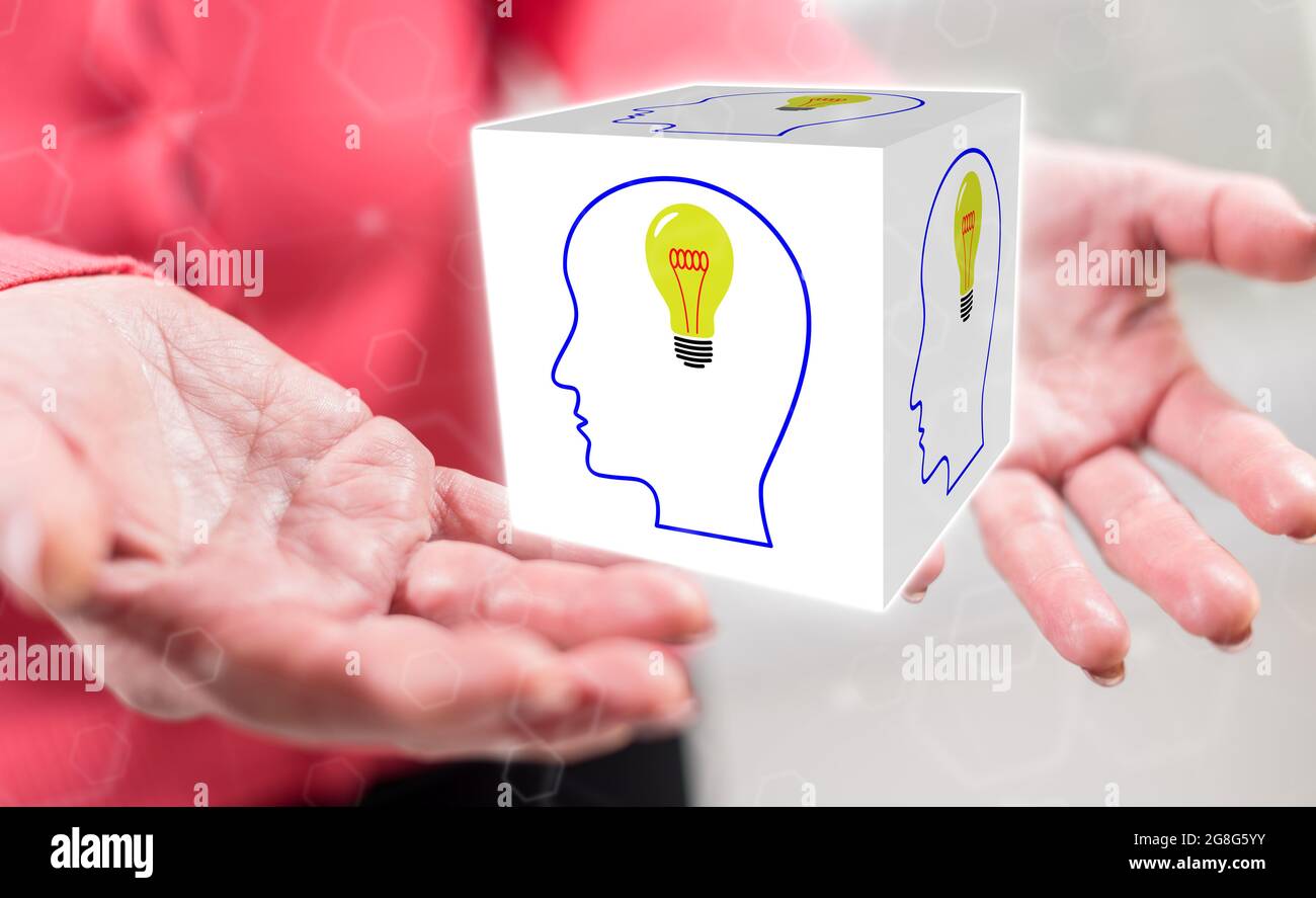 Human brain ideas concept above the hands of a woman in background ...