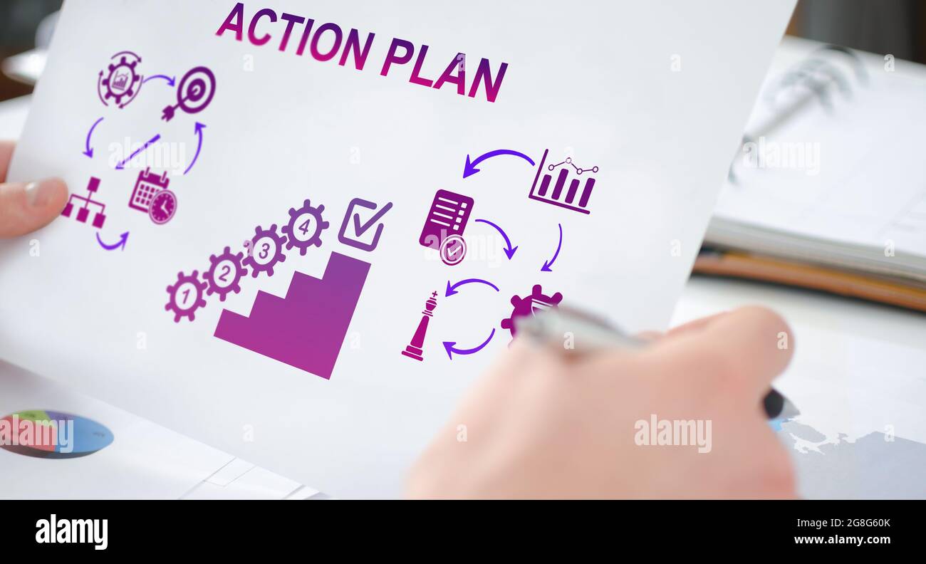 Hands holding a paper showing an action plan concept Stock Photo - Alamy