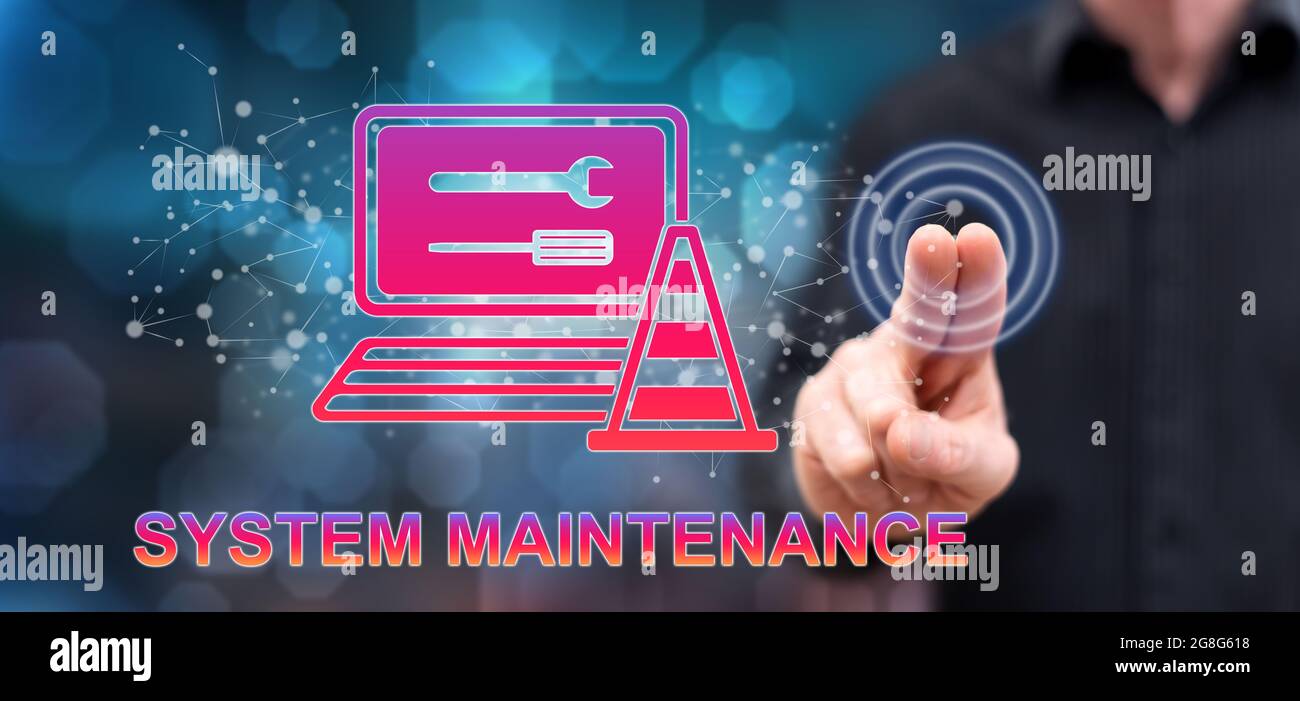 Man touching a system maintenance concept on a touch screen with his ...