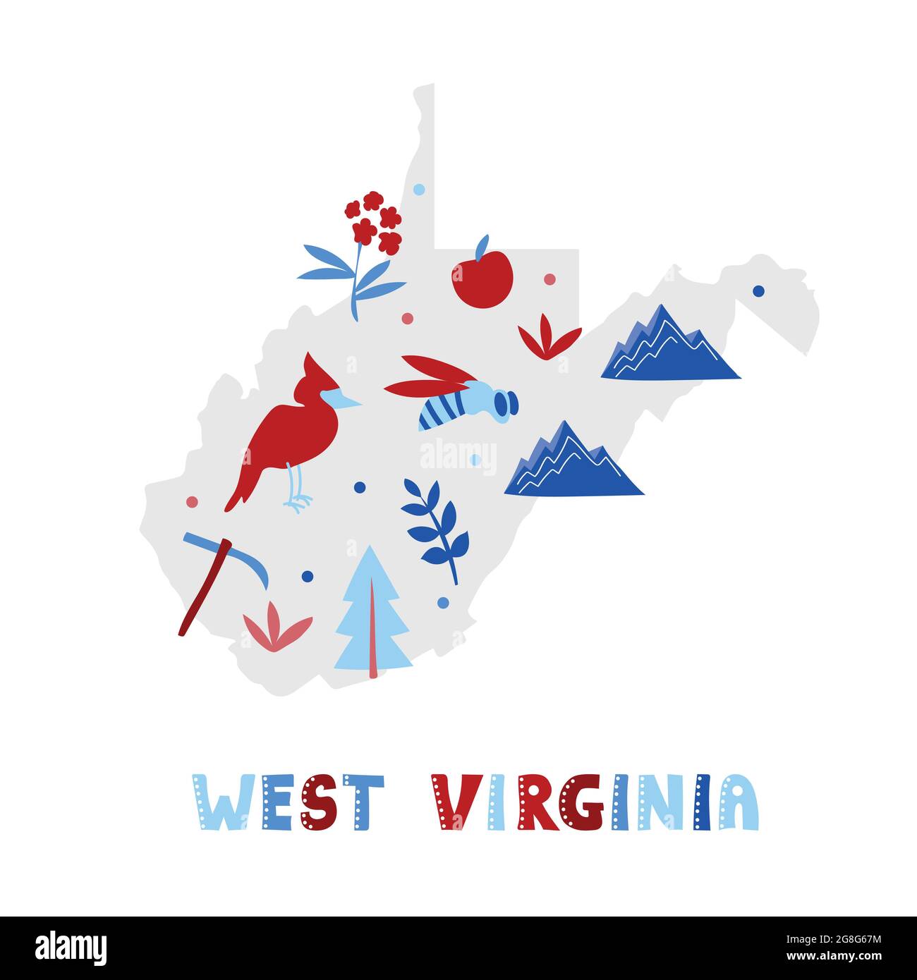 USA map collection. State symbols and nature on gray state silhouette ...