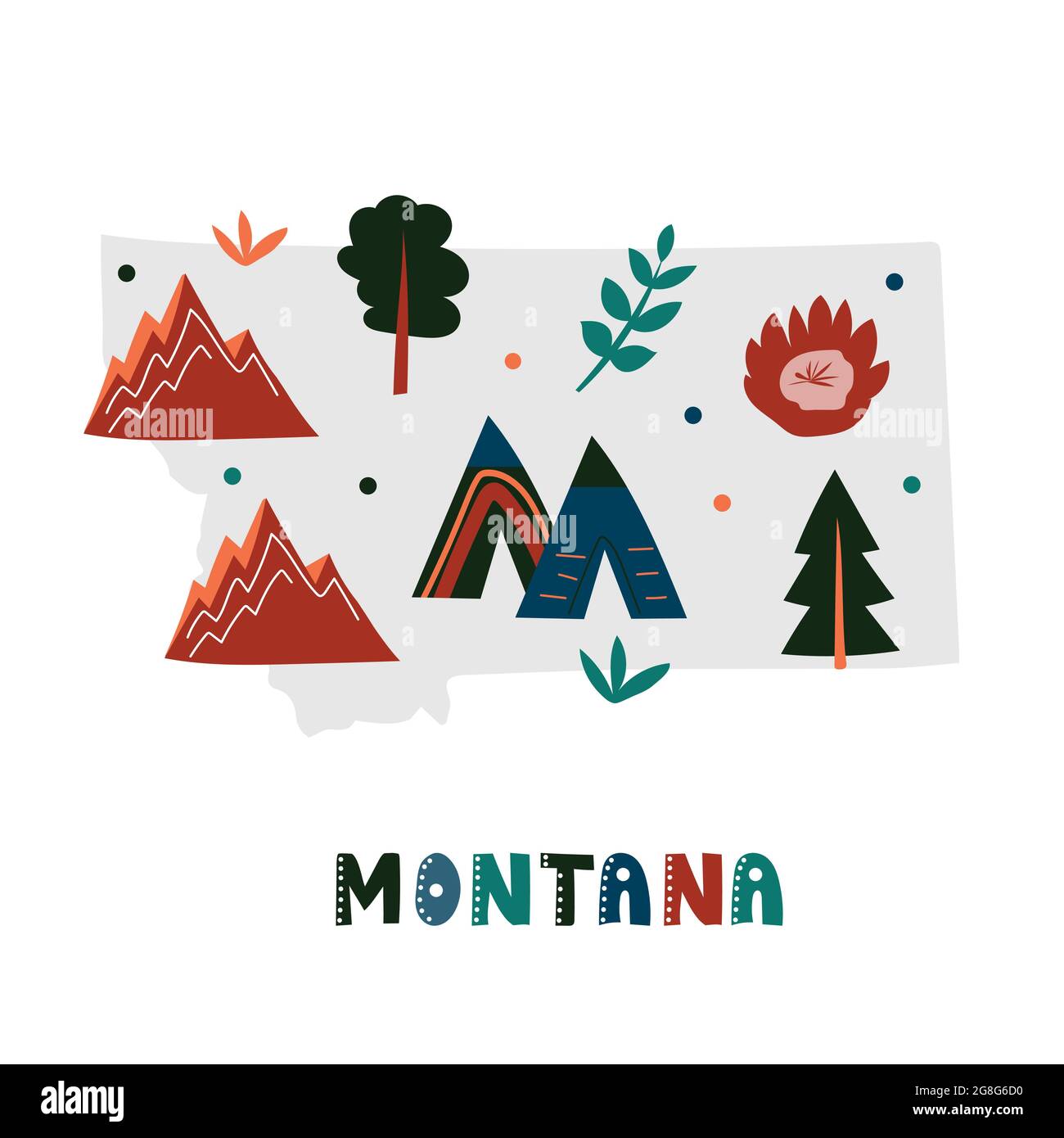 USA map collection. State symbols and nature on gray state silhouette ...