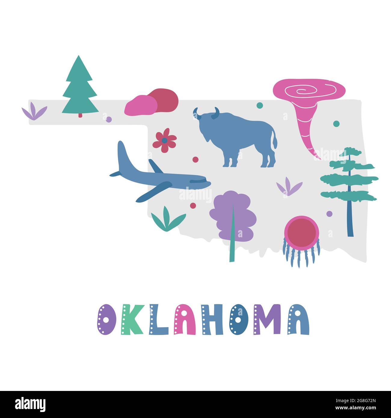 USA map collection. State symbols and nature on gray state silhouette ...