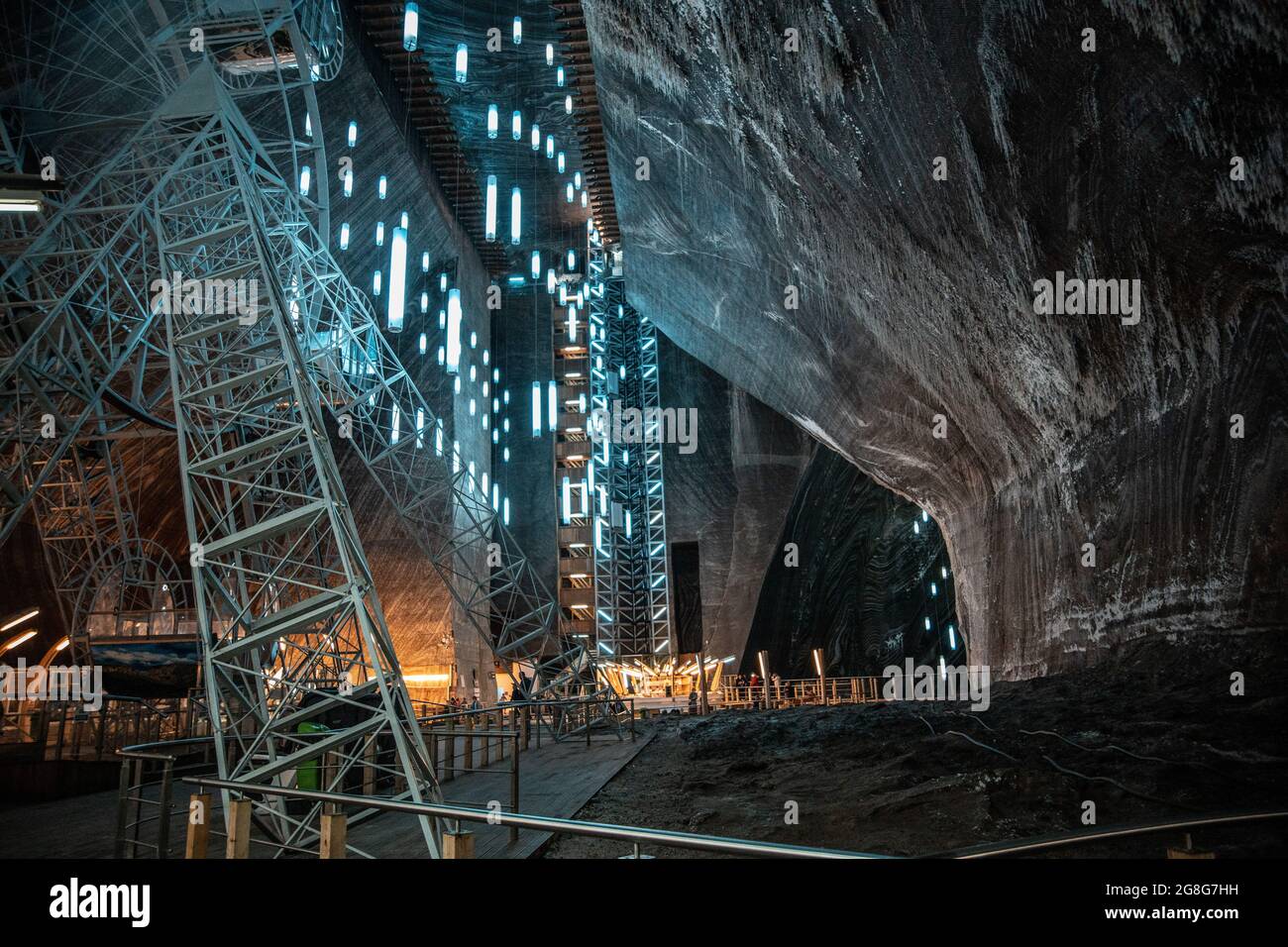 Beautiful lights and view inside the Turda Salt Mine in Turda, Cluj ...