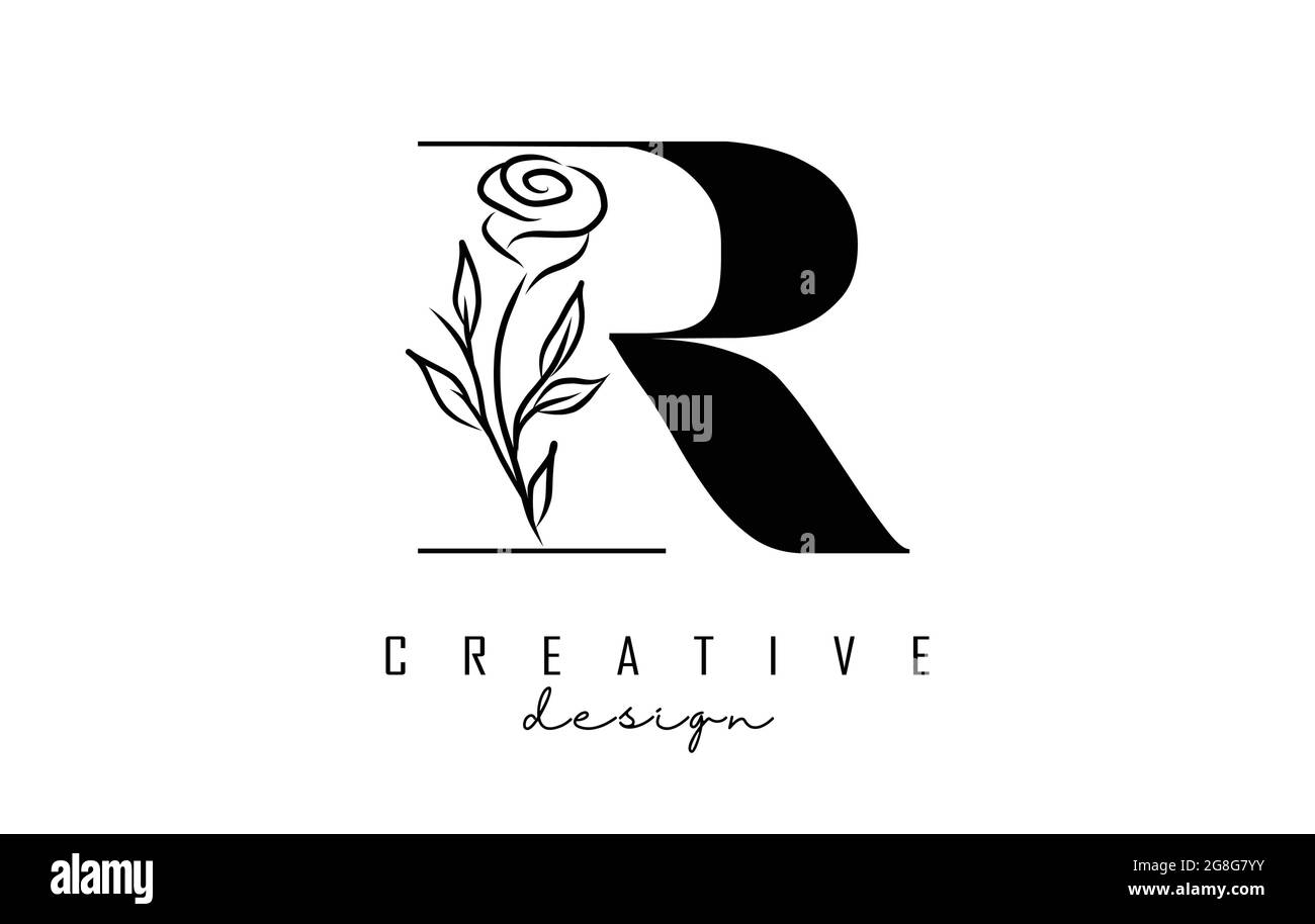 R letter logo design with black rose vector illustration. Creative and ...