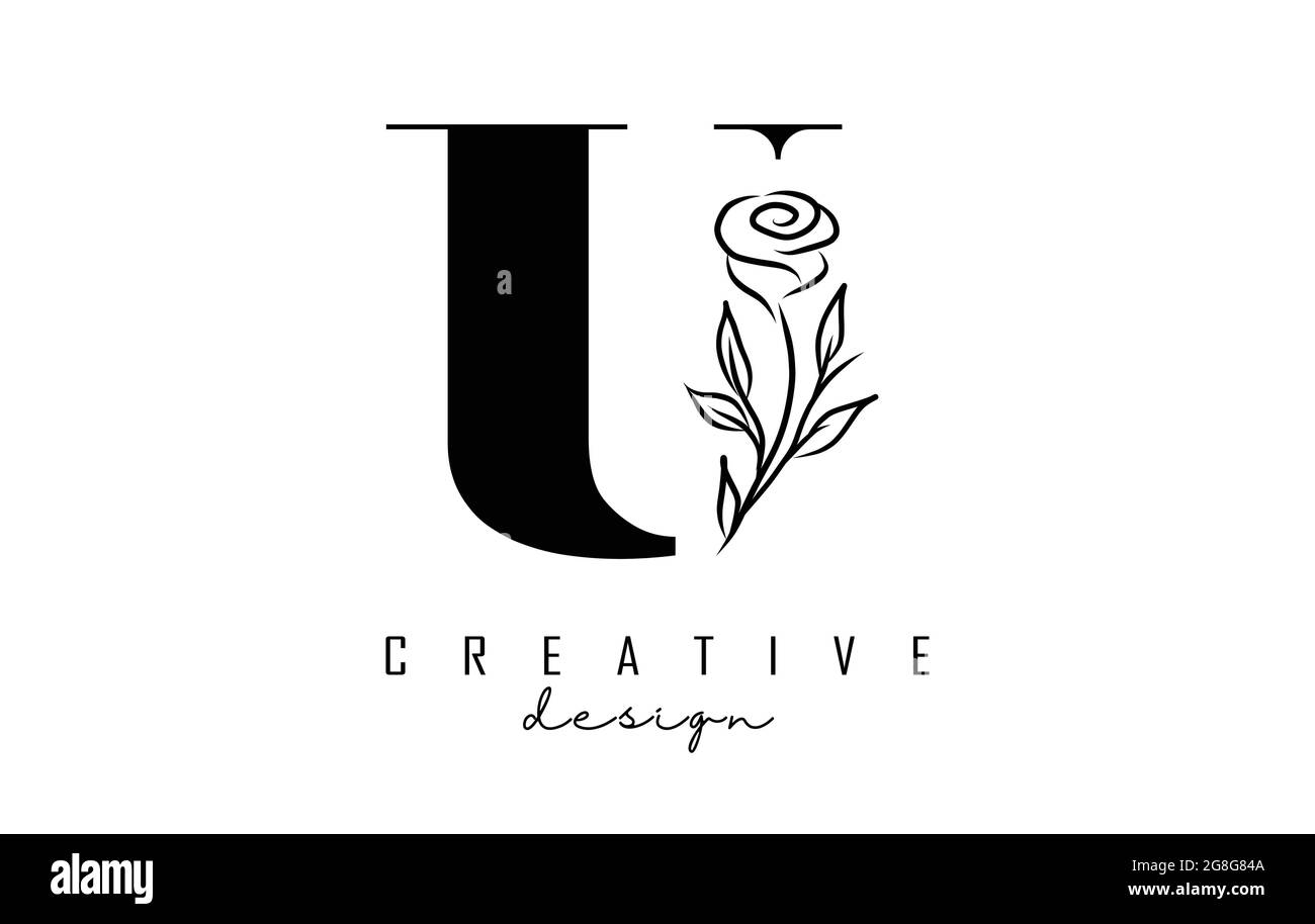 U letter logo design with black rose vector illustration. Creative and ...