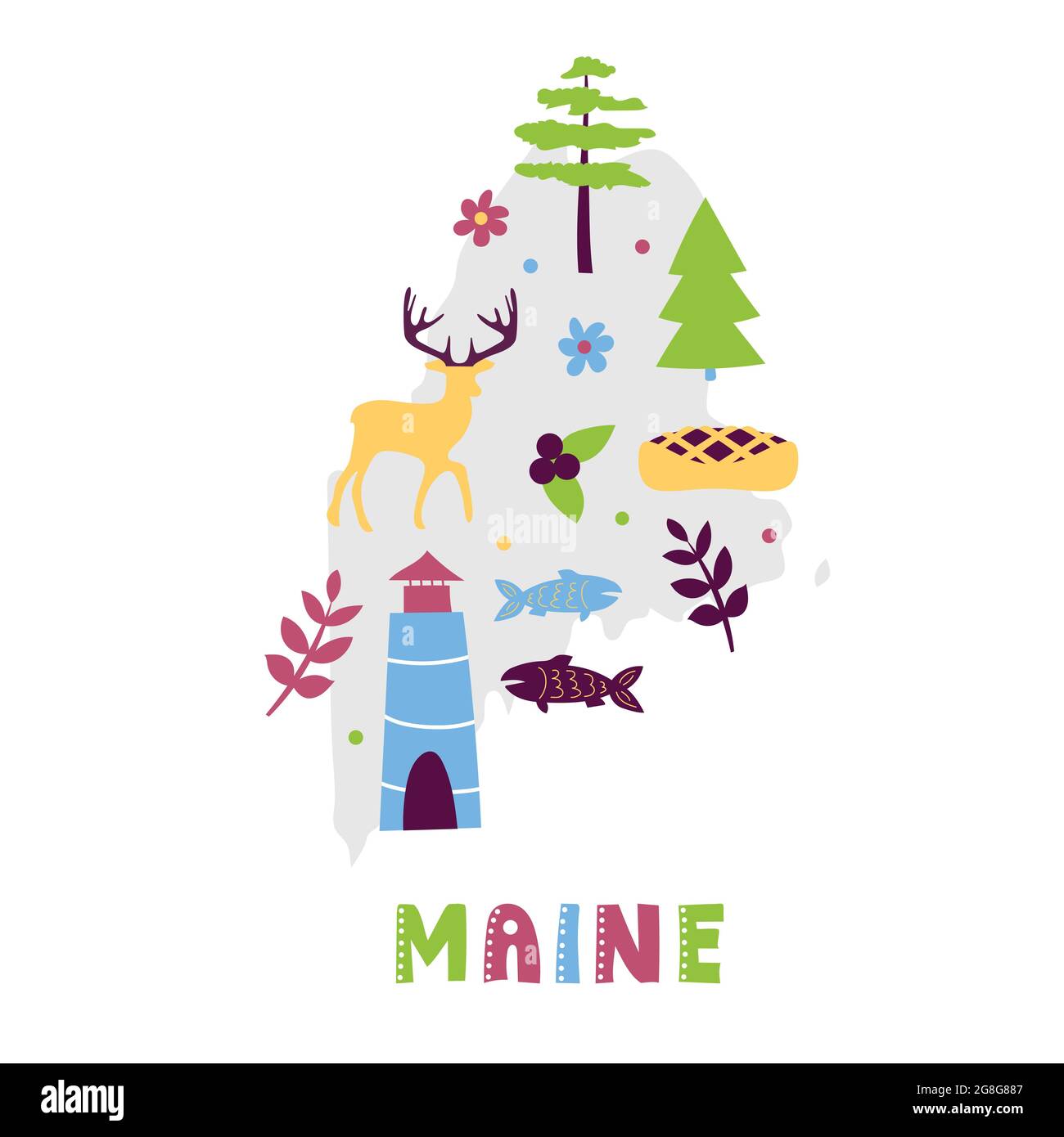 USA map collection. State symbols and nature on gray state silhouette ...