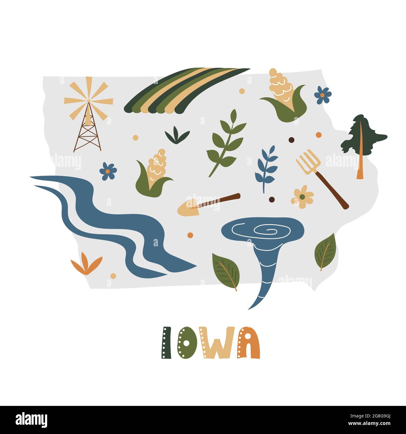 USA map collection. State symbols and nature on gray state silhouette ...