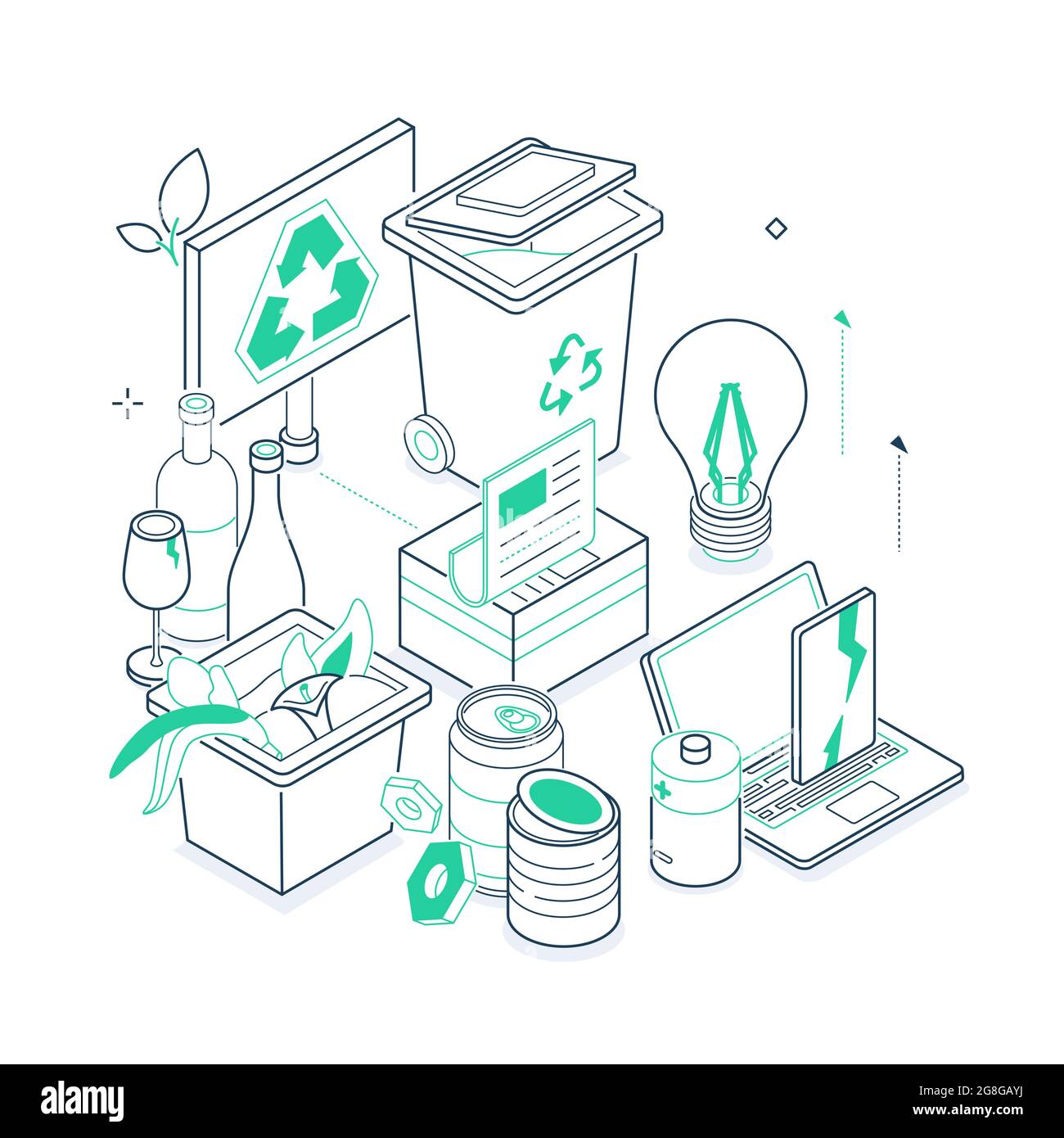 Waste sorting - isometric green and black line illustration. Ecology ...