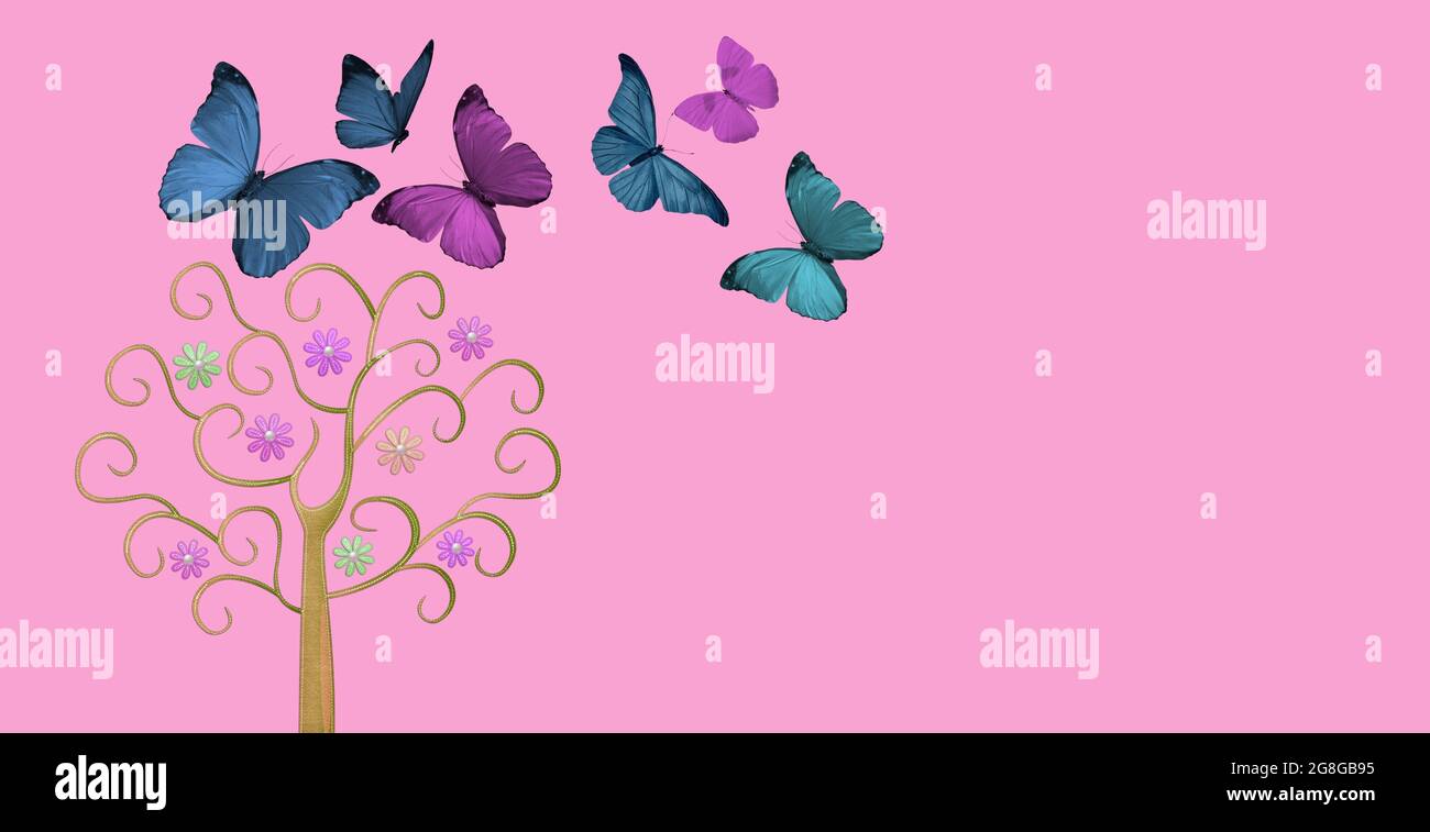 Natural background with butterflies and tree isolated in color ...
