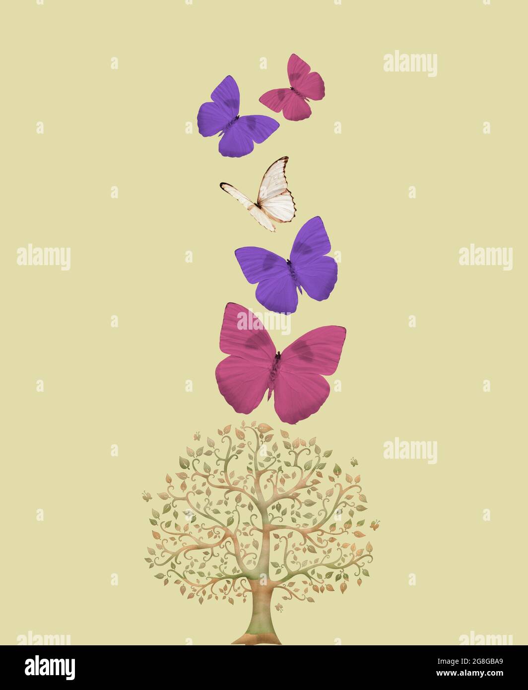 Natural background with butterflies and tree isolated in color ...