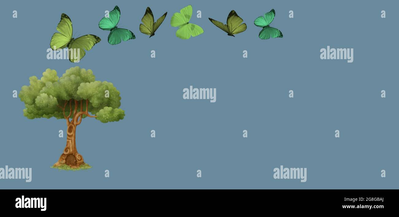 Natural background with butterflies and tree isolated in color ...