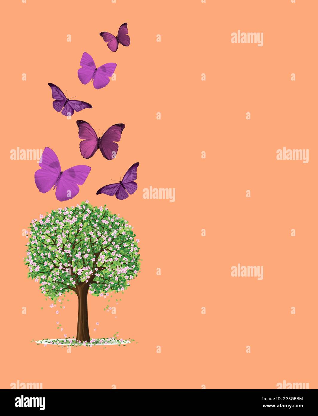 Natural background with butterflies and tree isolated in color ...