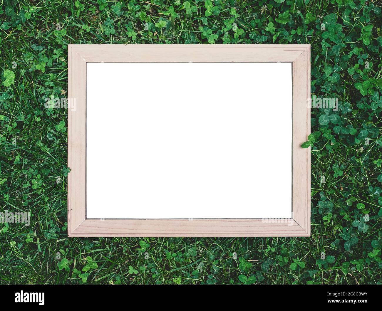 Wooden frame on green grass. Top view, copy space Stock Photo - Alamy
