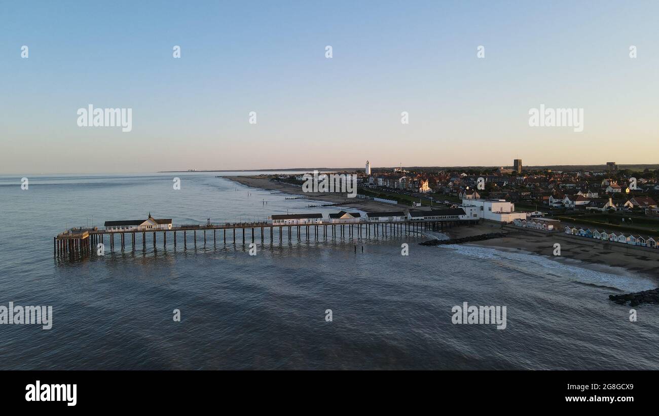Southwold Suffolk UK pier at sunset Aerial image Stock Photo - Alamy