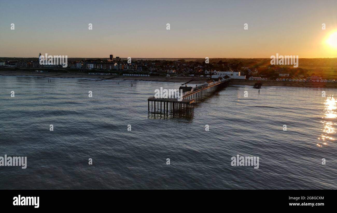 Southwold Suffolk UK pier at sunset Aerial image Stock Photo - Alamy
