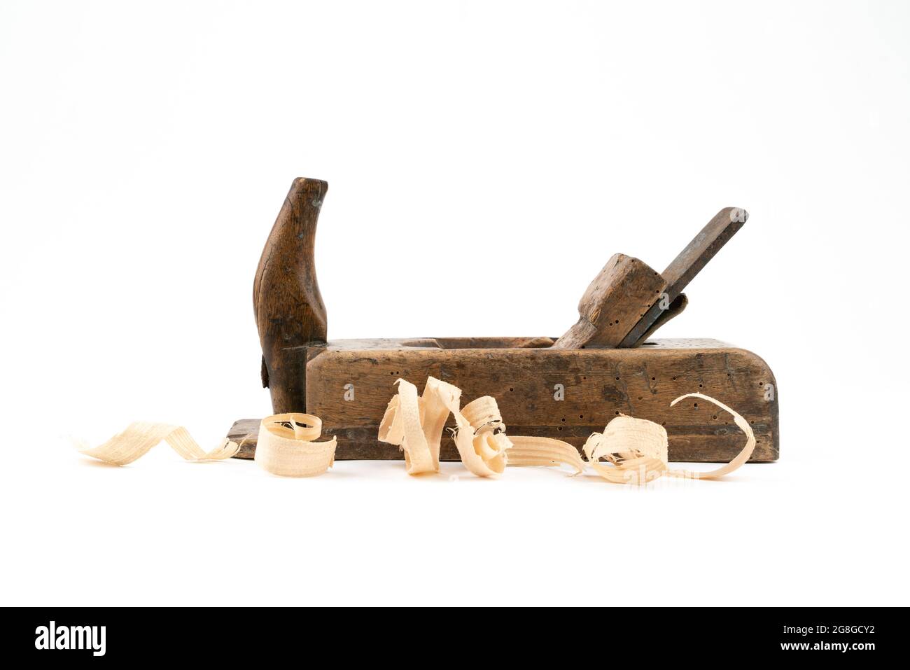 Horizontal low angle studio shot of small vintage wood planed isolated ...