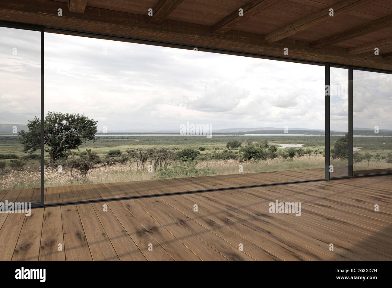 Empty modern design outdoor terrace with sliding patio doors and wooden ...