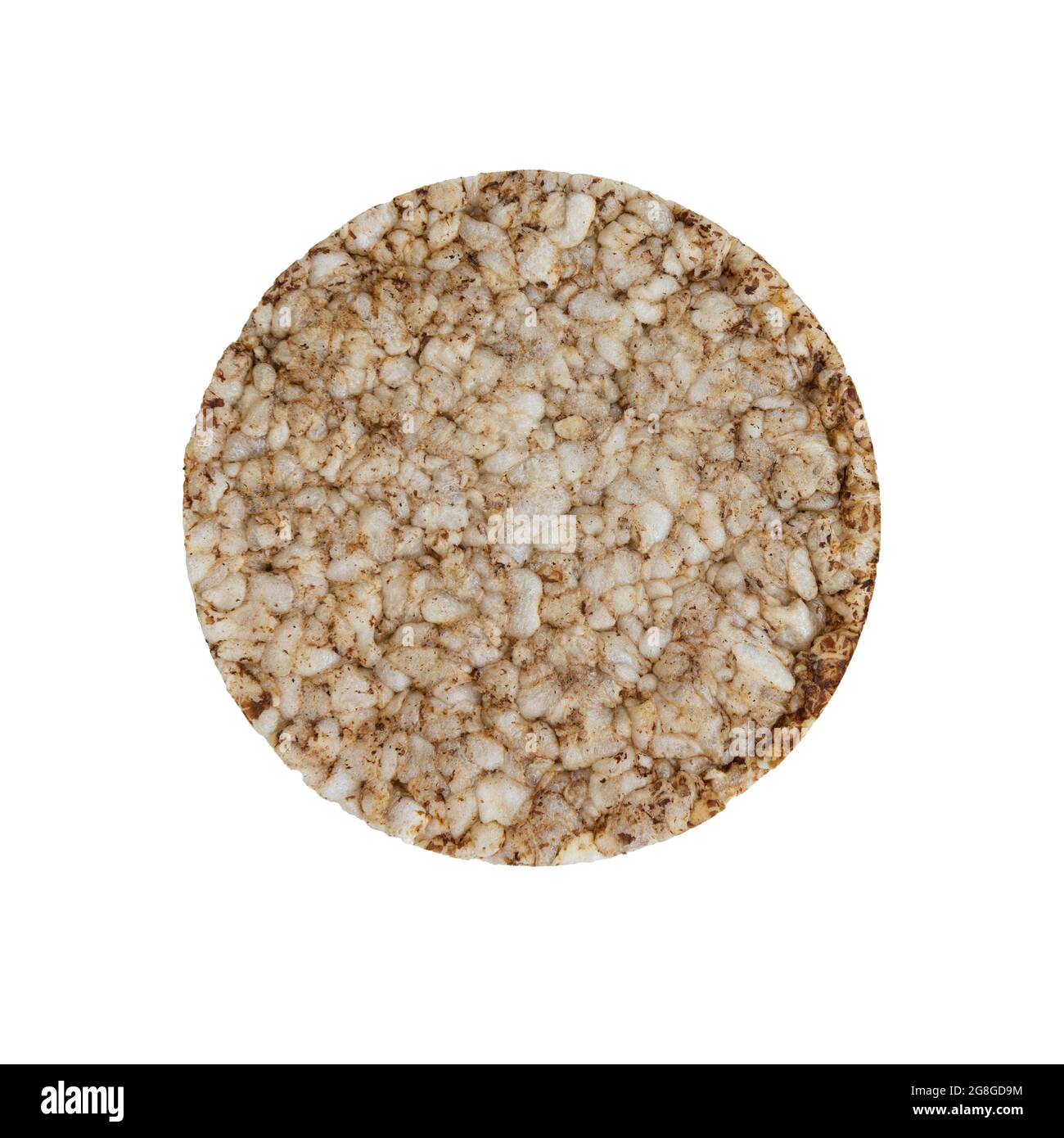 single rice cake isolated on white background, top view of puffed ...