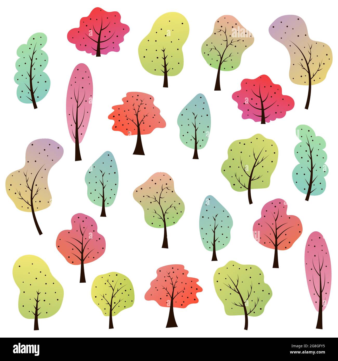 Large collection of deciduous cartoon trees. Fairytale forest with ...
