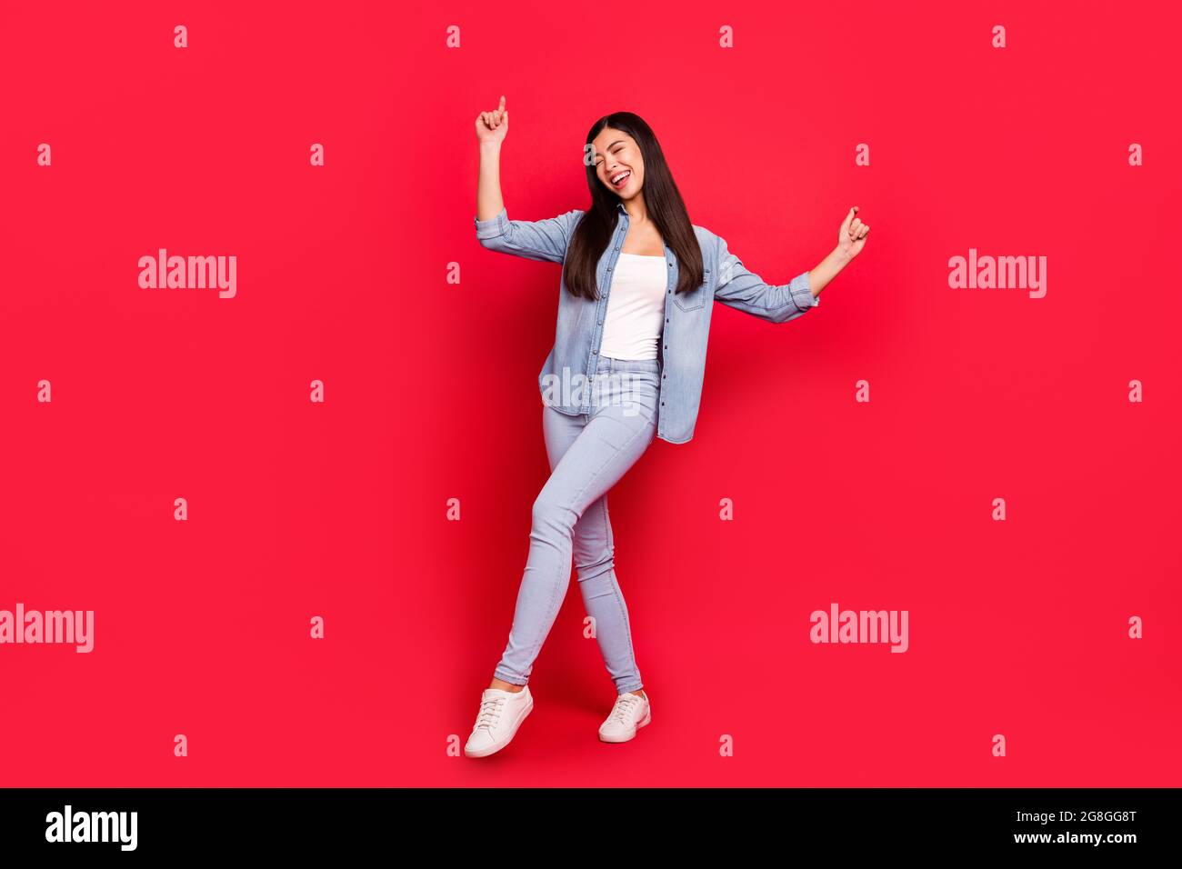 Full length body size view of lovely dreamy overjoyed cheerful carefree ...