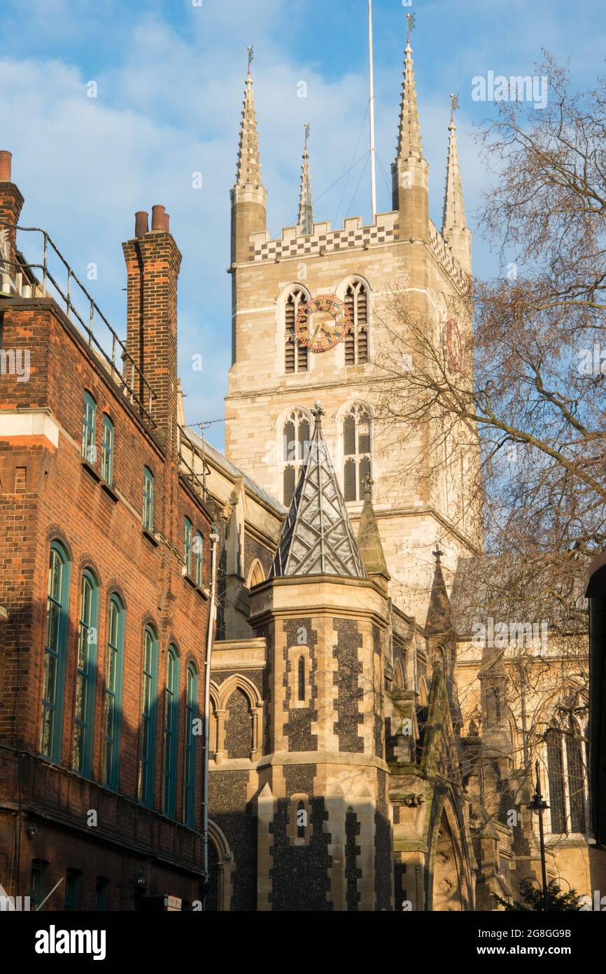 Old church with clock tower. Sunny day. London, UK, Europe Stock Photo ...