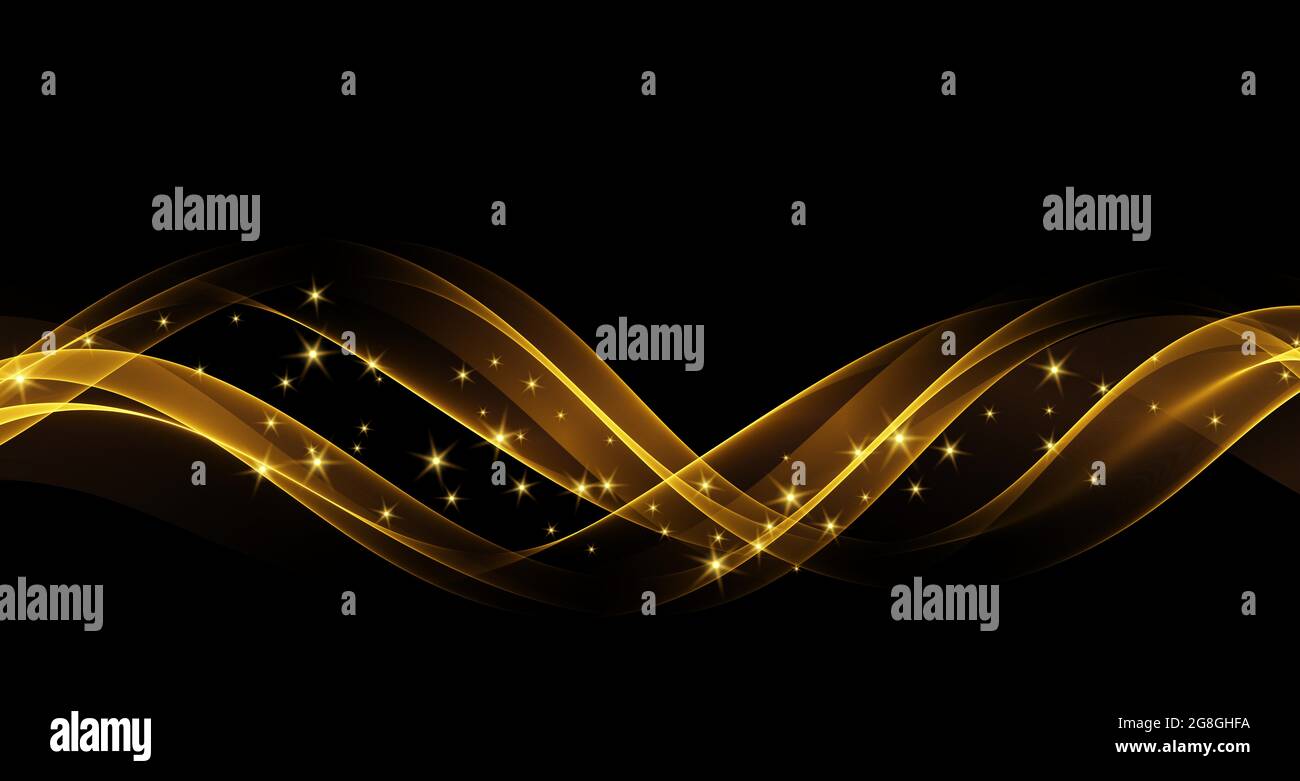 Gold color wave on black background Abstract stream of wavy lines with ...