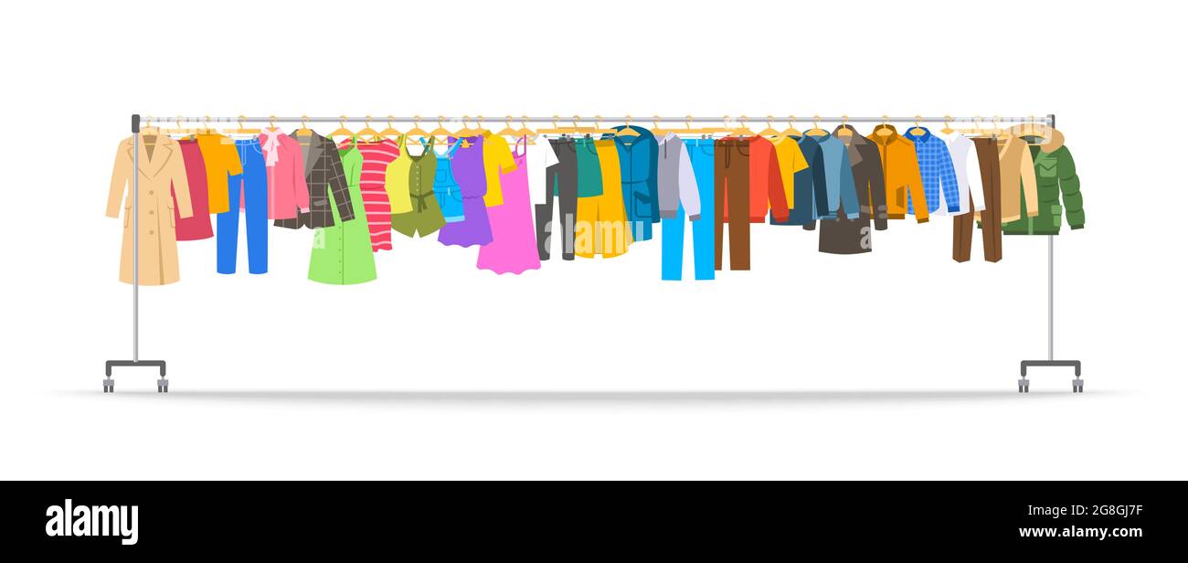 Men and women clothes on long rolling hanger rack. Many different ... Men and women clothes on long rolling hanger rack. Many different ...