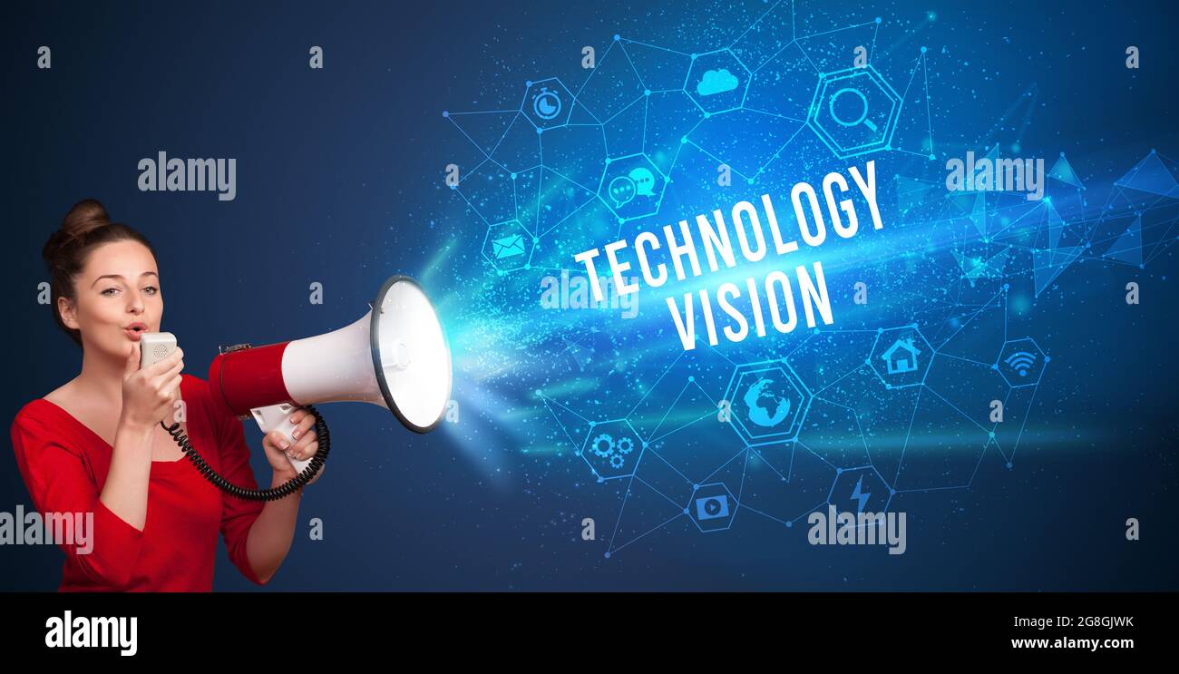 Young woman shouting in megaphone, technology announcement concept ...