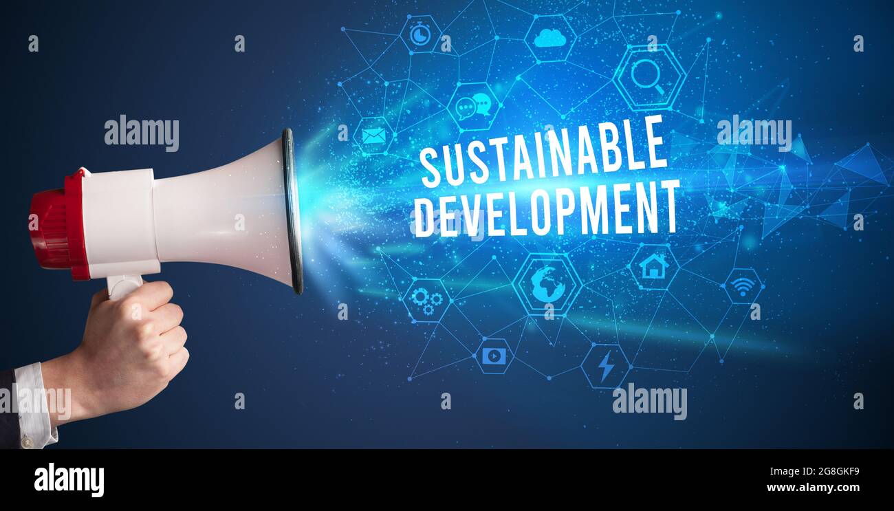 Young woman shouting in megaphone, technology announcement concept ...