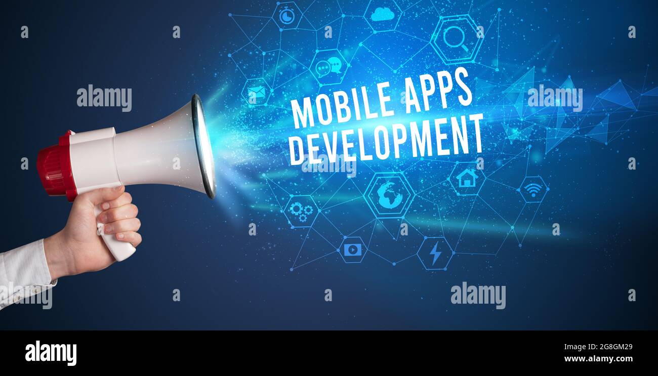 Young woman shouting in megaphone, technology announcement concept ...