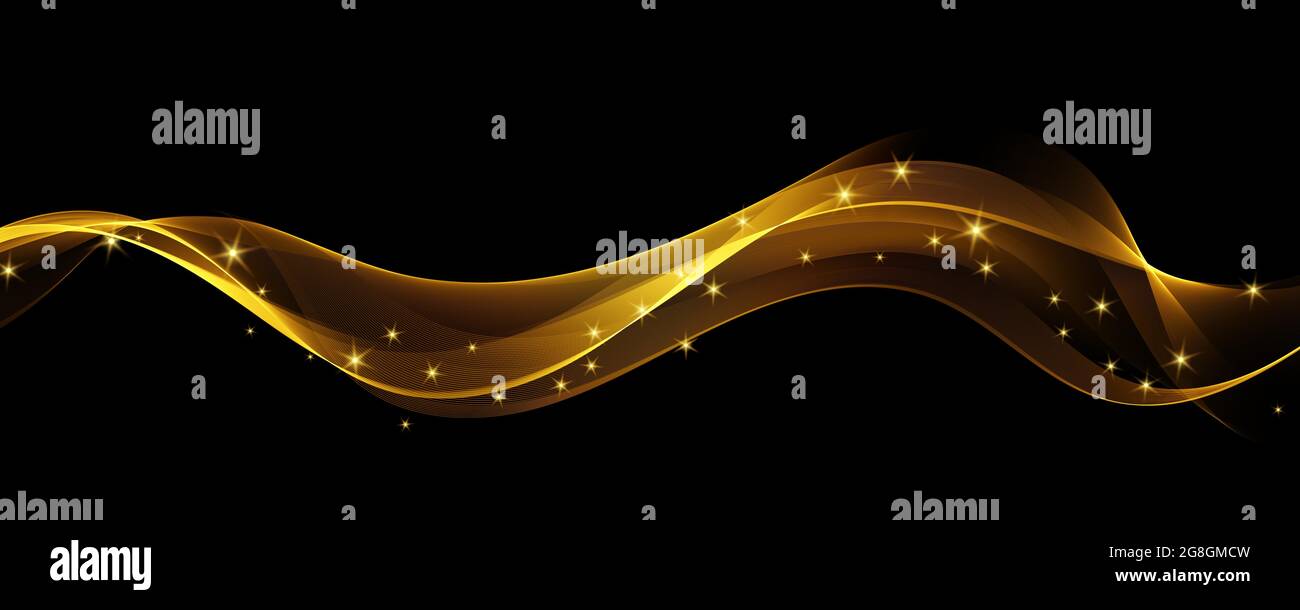 Gold color wave on black background Abstract stream of wavy lines with ...