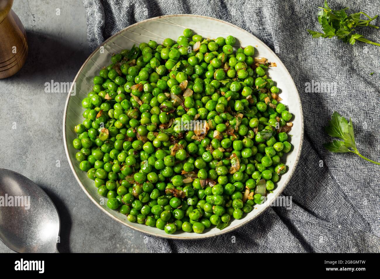 Healthy Homemade Sauteed Green Peas with Salt and Pepper Stock Photo ...