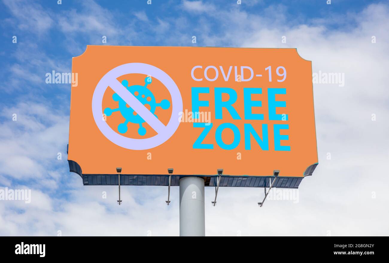 Covid free zone sign. COVID 19 FREE ZONE text label on billboard, blue ...