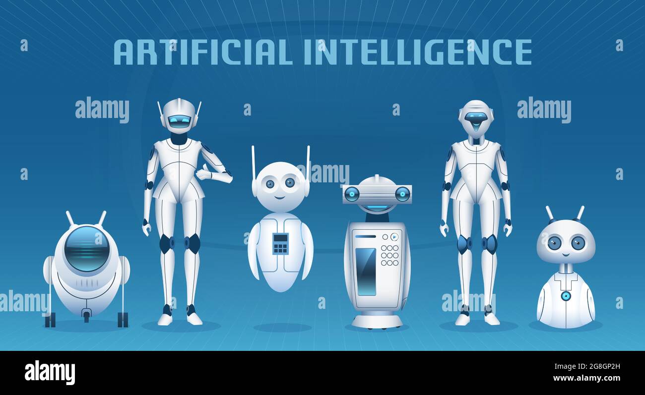 Robot group. Cartoon modern artificial intelligence characters ... Robot group. Cartoon modern artificial intelligence characters ...