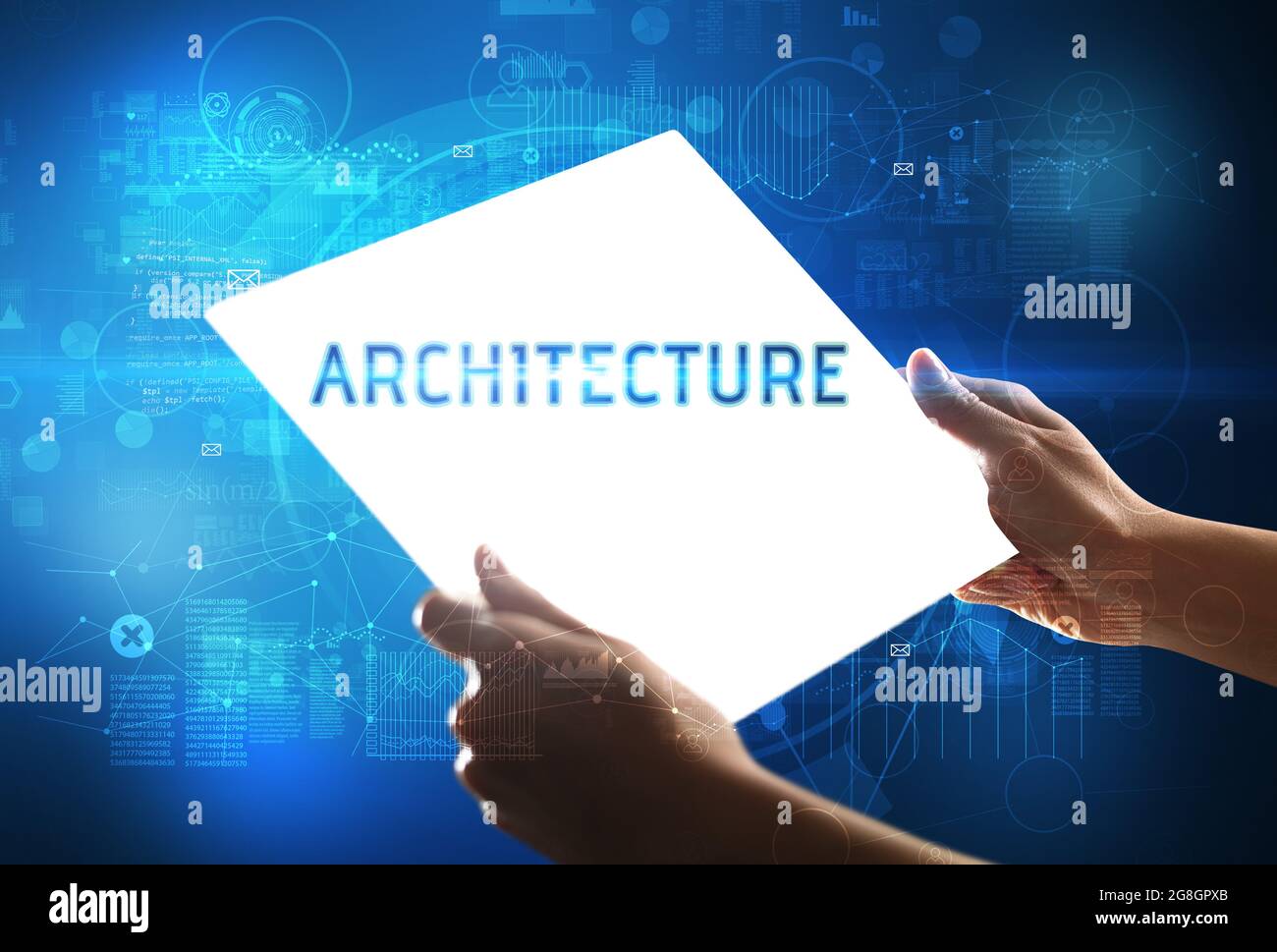 Hand holdig futuristic tablet , technology concept Stock Photo - Alamy