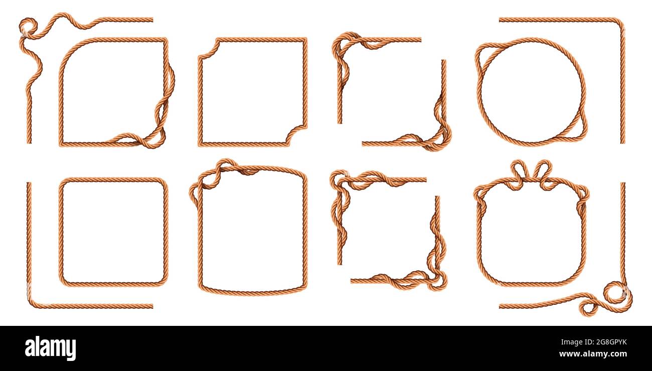 Rope frames. Hemp thread square and round borders, curved nautical cord ...