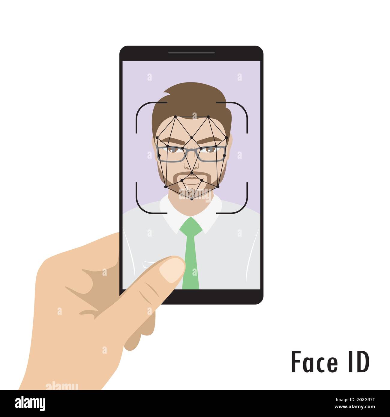 Hand holding modern mobile phone,male face on smartphone screen,Face id ...