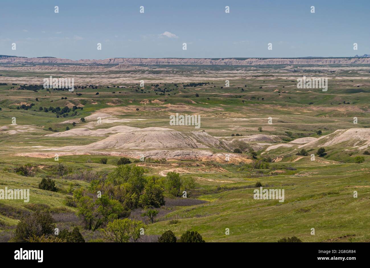 Badlands National Park, SD, USA - June 1, 2008: Wide landscape of green ...