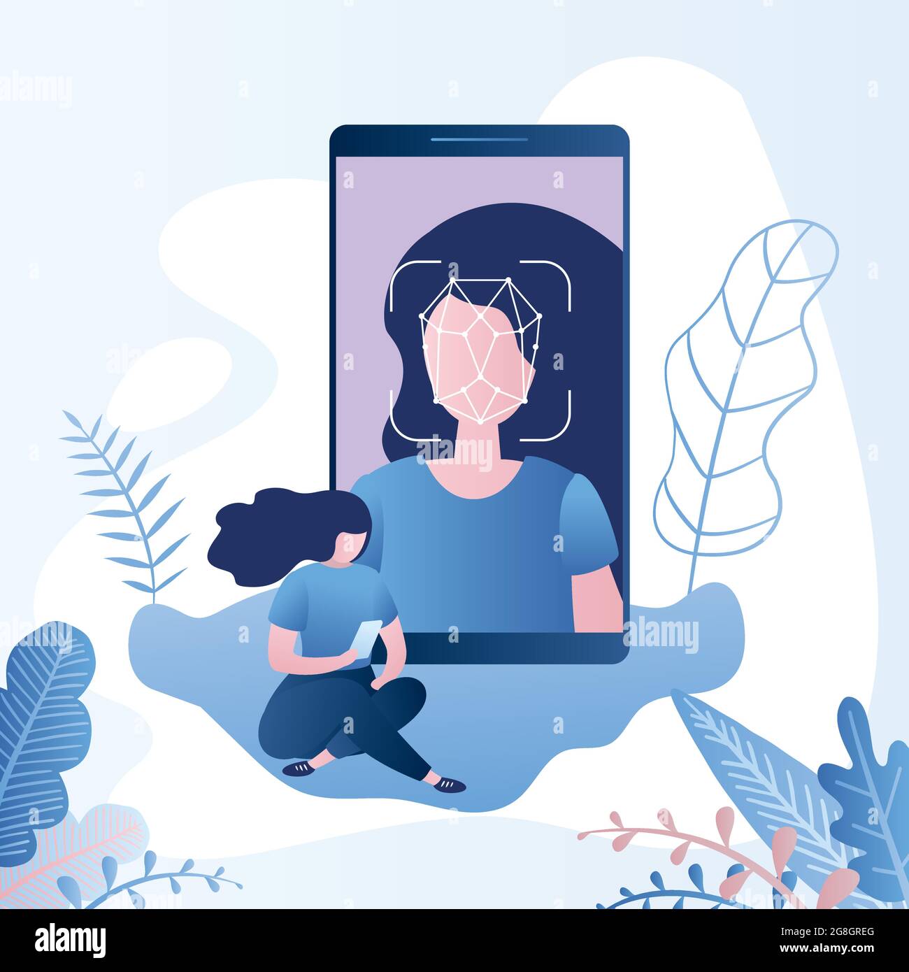 Beauty girl with cellphone,Female face on smartphone screen,Face id ...