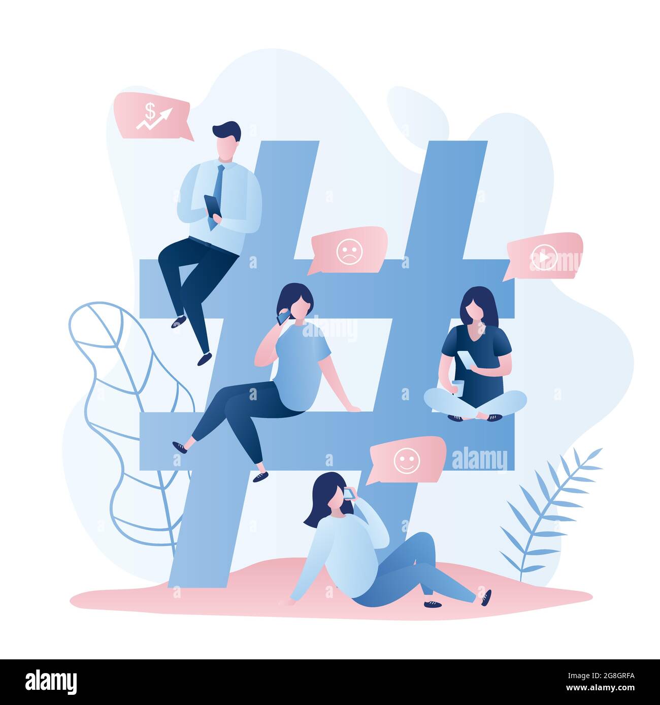 Big hashtag sign and different people with smartphones,characters with ...
