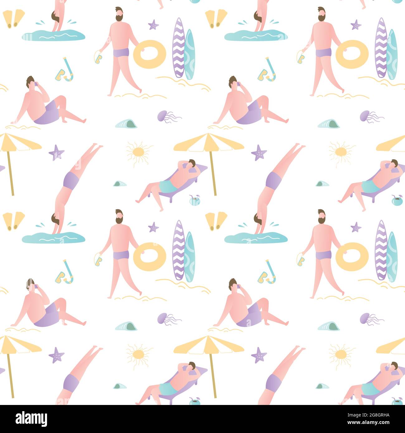 Summer time seamless pattern,texture with guys on beach,active male ...